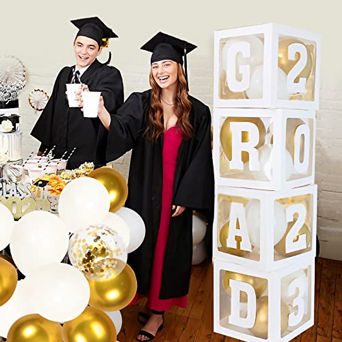 Graduation Decorations Balloon Boxes 2023 - Graduation Party Decorations Class of 2023, 4pcs White Balloons Box with GRAD, 2023,Perfect for High School College Graduation Celebration Party