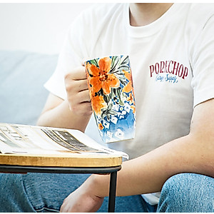 Topadorn Ceramic Coffee Mug Travel Cup Gift with Lid 17oz., Porcelain Tall Tea Cup with Handle for Home & Office, Orange Flower Art Pattern Mug in Gift Box, 6.5" H