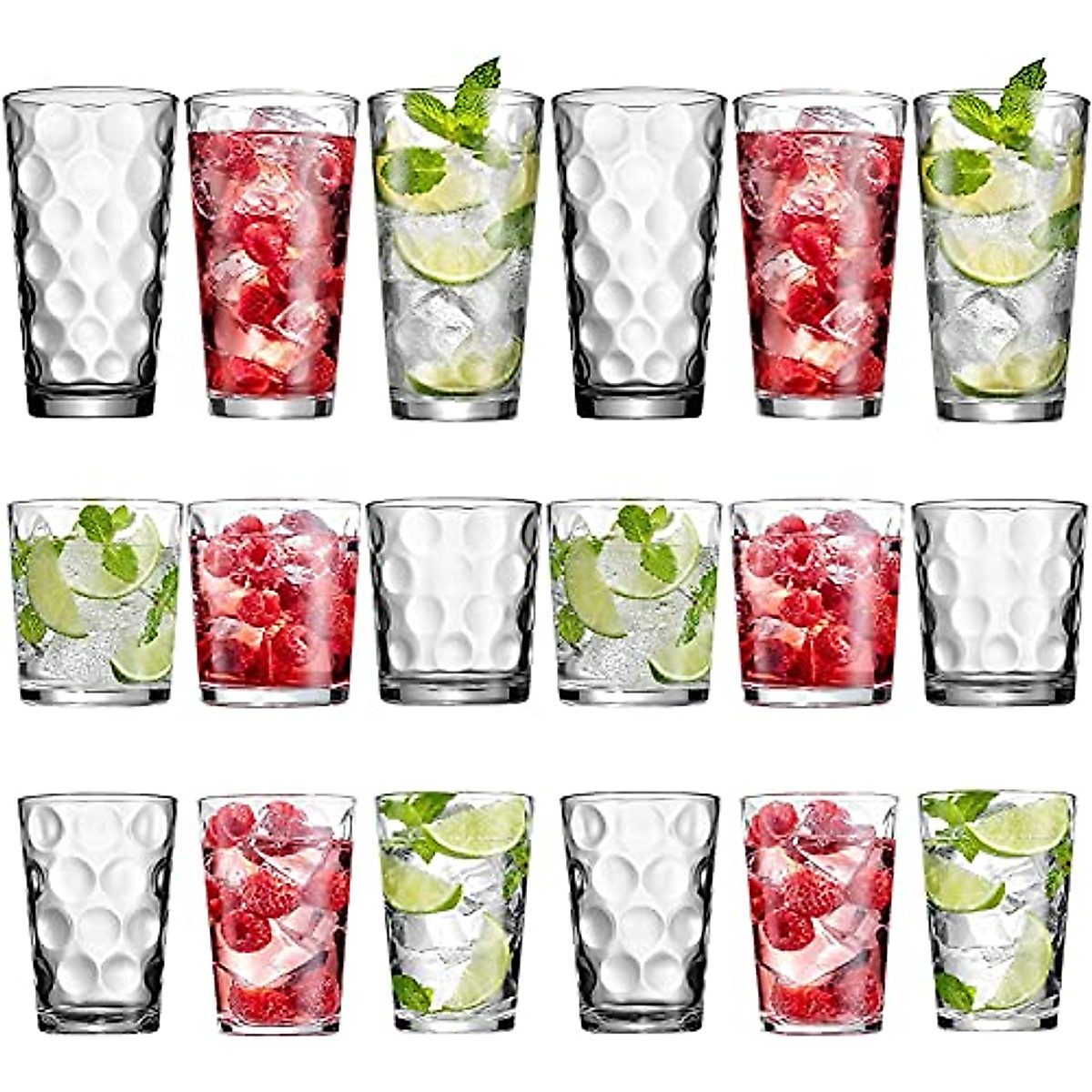 Le'raze Drinking Glasses Set of 18 Clear Glass Cups - 6 Highball Glasses 17oz, 6 Rocks Glasses 13oz, 6 DOF Glasses 7oz, Bubble Design Glassware Set for Water, Juice, Wine, Cocktails, & Beer Glasses.