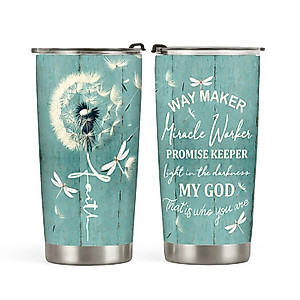 20oz Dandelion Dragonfly Faith Tumbler, Way Maker Miracle Worker Promise Keeper, Religious, Christian Gifts for Women, Stainless Steel Double Wall Vacuum Insulated Coffee Mug, Travel Cup with Lid