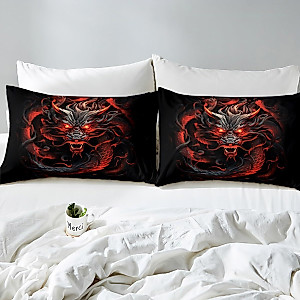 Red Black Dragon Duvet Cover Set Queen Size,Glowing Flame Dragon Bedding Set 3Pcs for Kids Boys Men Adult Bedroom Decor,Wild Animals Comforter Cover Cool Magical Style Quilt Cover,2 Pillowcases