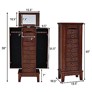 Giantex Jewelry Cabinet with Top Compartment, 9 Drawers & 2 Side Doors, Wooden Jewelry Armoire Storage Chest Stand with Flip Top Mirror, Necklace Hooks, Bedroom Armoire with Large Storage, Walnut