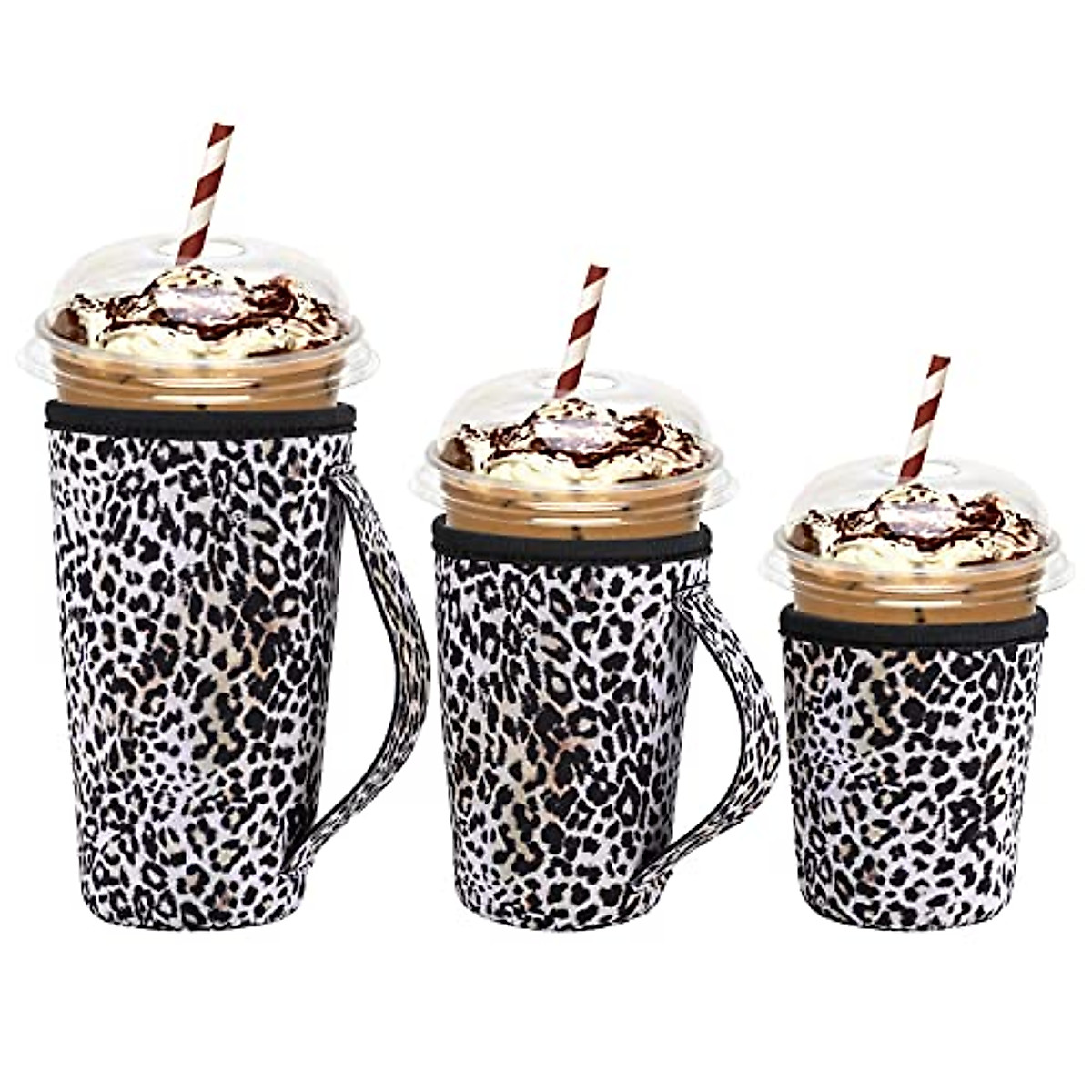 TIESOME Reusable Iced Coffee Sleeves, Leopard Print 3 Pieces Neoprene Cup Sleeve Coffee Cup Holder for Iced & Hot Drinks Beverages Sleeve for Most Coffee S+M+L 3 Size