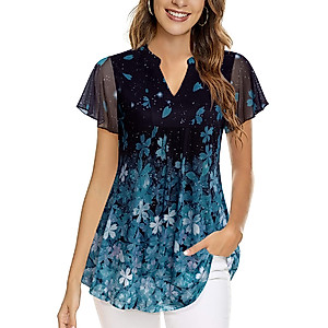 Youtalia Womens Petite Tunic Tops Short Sleeve, Ladies Blouses and Tops Dressy V Neck Floral Work Blouses Polyester Shirts Fancy Women Tops Evening Party Layered Dress Shirts Blue Sakura M