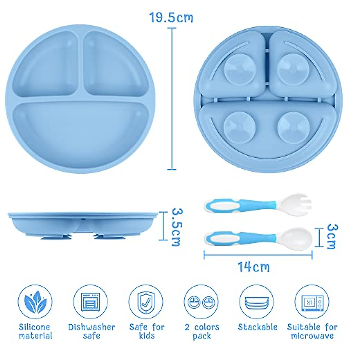 Vicloon Toddler Plates, 2 Pcs Silicone Baby Plates, BPA Free Suction Plates with 2 Pcs Baby Bendable Spoons, Suction Plate Feature, Divided Plate Design,Toddler Plate Microwave & Dishwasher Safe