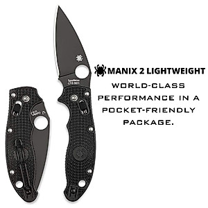 Spyderco Manix 2 Lightweight Signature Knife with 3.37" CTS BD1 Black Steel Blade and Black FRCP Handle - PlainEdge - C101PBBK2