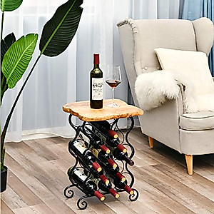 WELLAND Wine Rack End Table, Freestanding Small Wine Console Table, 13 Bottles Rustic Wine Stand Storage Organizer Display Rack | Metal & Natural Edge Cedar Wood Top | 13.8" W x 7.3" D x 20.1" H