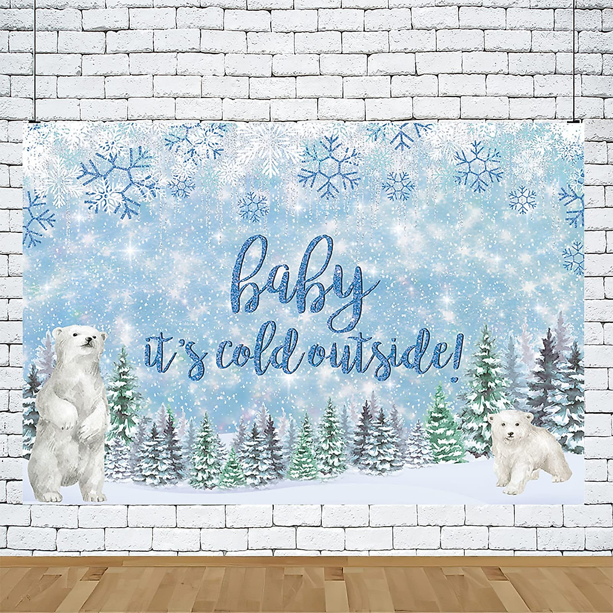 AIBIIN 7x5ft Winter Baby Shower Backdrop Forest Snowflake Background for Photography Baby It's Cold Outside Gender Reveal Party Decoration Christmas Landscape Merry Xmas Polar Bear Backdrop Photo Prop