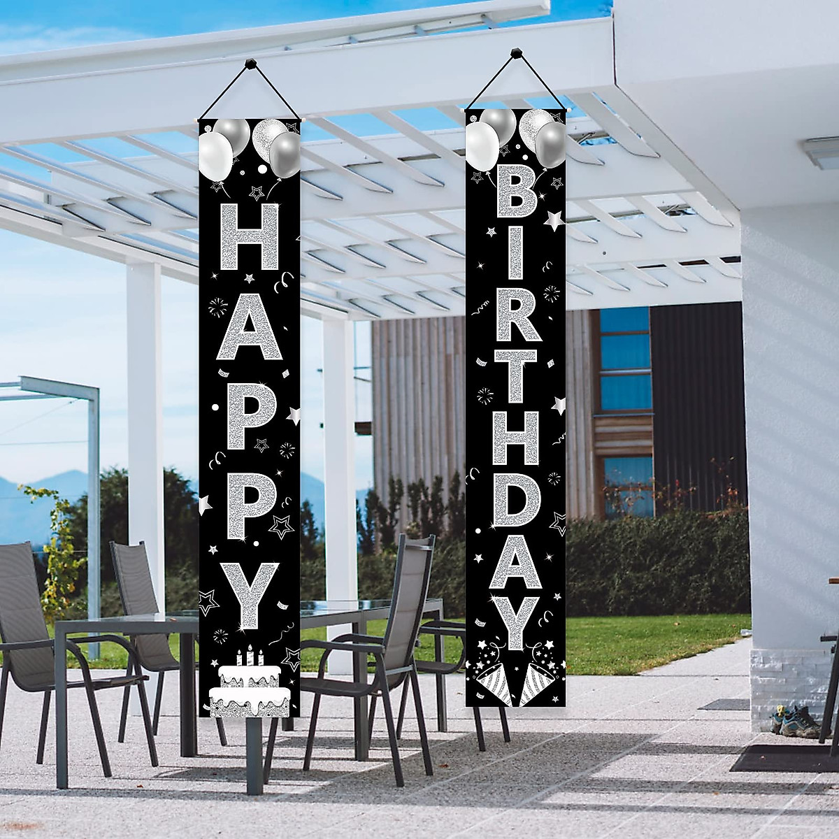 Black White Silver Birthday Door Banner Decorations for Men Women, Black Silver Happy Birthday Porch Sign Party Supplies, 16th 21st 30th 40th 50th 60th 70th 80th 90th Birthday Backdrop Decor