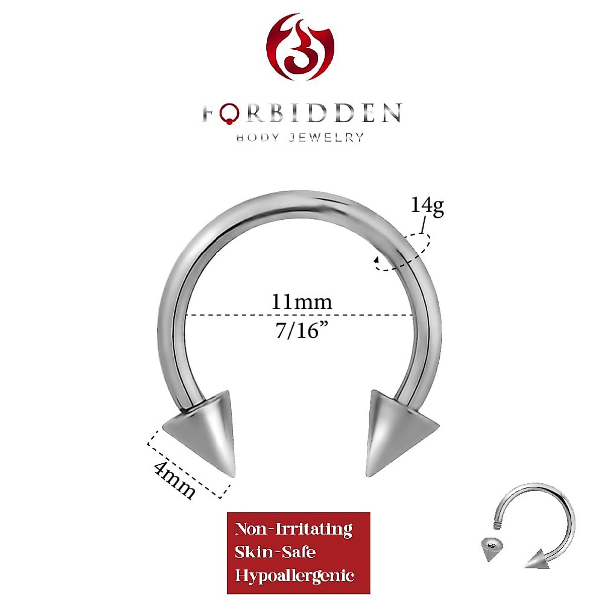 Forbidden Body Jewelry 14g 11 mm (7/16") Titanium Double Spike Horseshoe Body Piercing Ring, 4 mm Cones