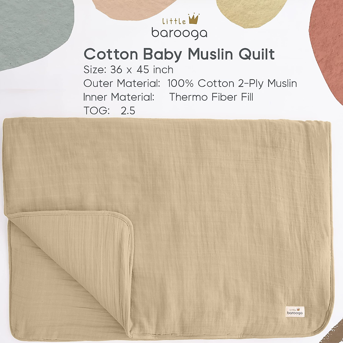 Muslin Baby Quilt, 36"x45", Super Soft Comforter, Nursery Crib Blanket, 100% Muslin Cotton Double Layer Shell & Thermo Fiber Fill, Breathable, Durable for Infant Toddler (Warm Sand)
