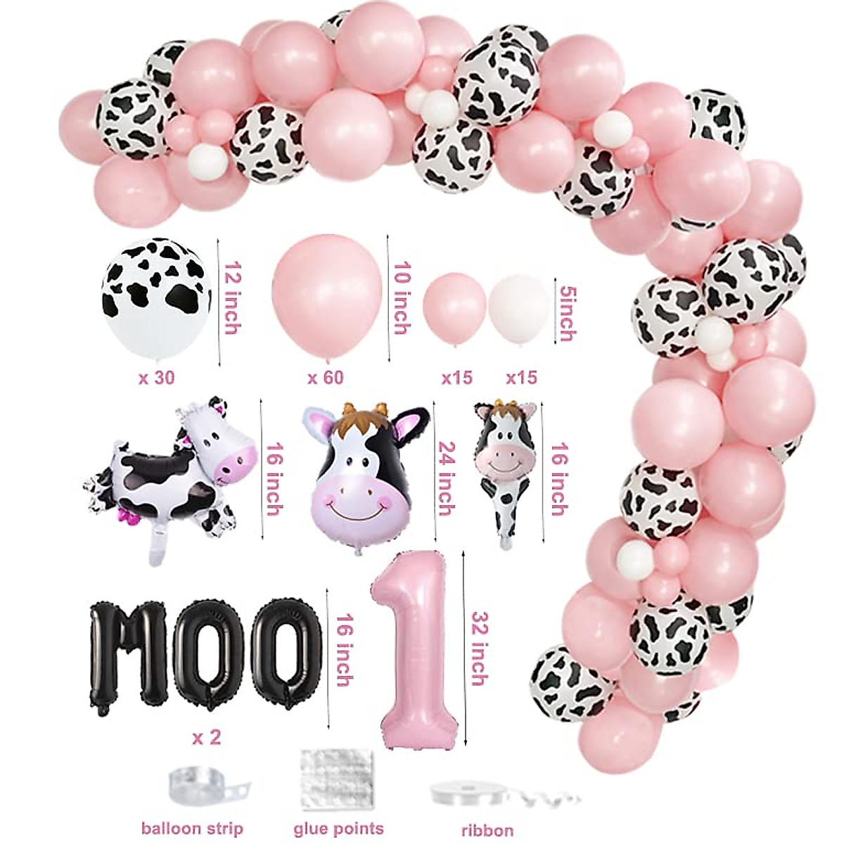 143 PCs Holy Cow I'M One Birthday Decorations for Girl, Fiesec Cow First Birthday Party Supplies Cow Print Balloon Garland Monthly Photo Highchair Glitter Banner Cake Topper Crown Pink White Black