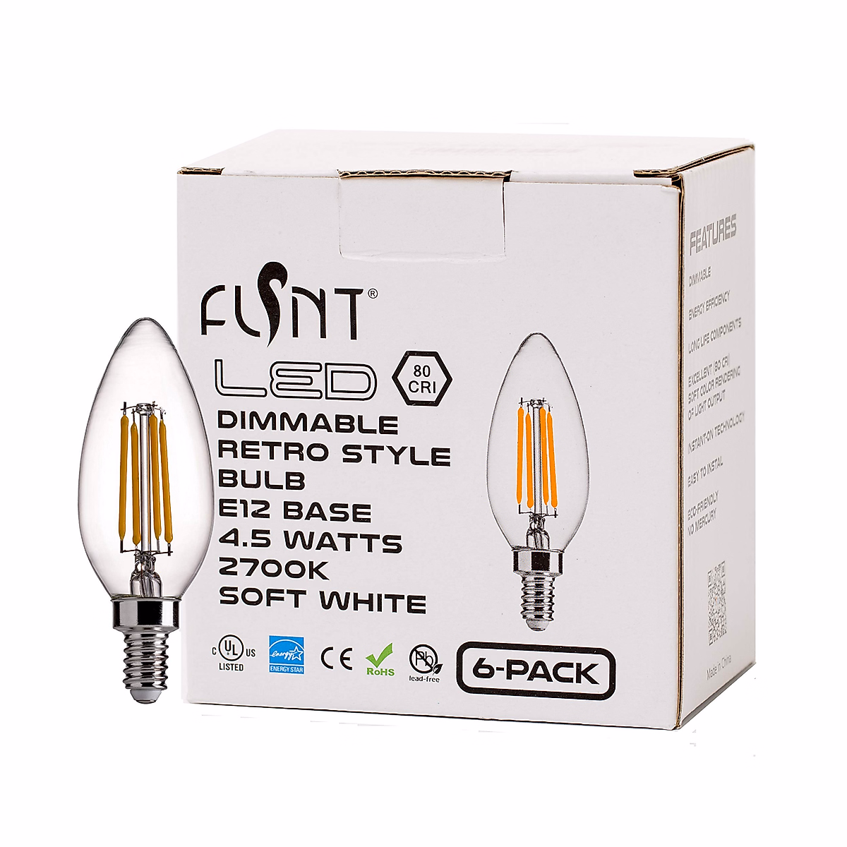 FLSNT 60W Equivalent LED Chandelier Light Bulbs, Dimmable, E12 Base, Clear B11 LED Filament Candelabra Bulbs, 2700K Soft White, 6 Pack