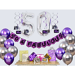 50 & Fabulous Birthday Party Pack - Purple & Silver Happy Birthday Bunting, Balloon, and Swirls Pack- Birthday Decorations - 50th Birthday Party Supplies