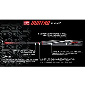 Rawlings Quatro Pro 2022 BBCOR 2 5/8" 2 Piece Composite Baseball Bat Drop -3, Black/Grey/Red, 32"/22oz