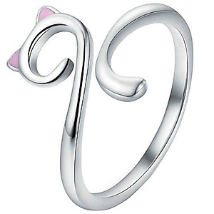 Jude Jewelers Stainless Steel Cute Pink Cat Cocktail Party Birthday Statement Mother's Day Wedding Statement Ring (Silver, 7)