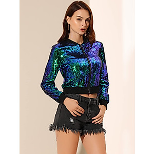 Allegra K Women's Sequin Jacket Long Sleeve Cropped Zipper Up Party Glitter Bomber Sparkly Jackets X-Small Green
