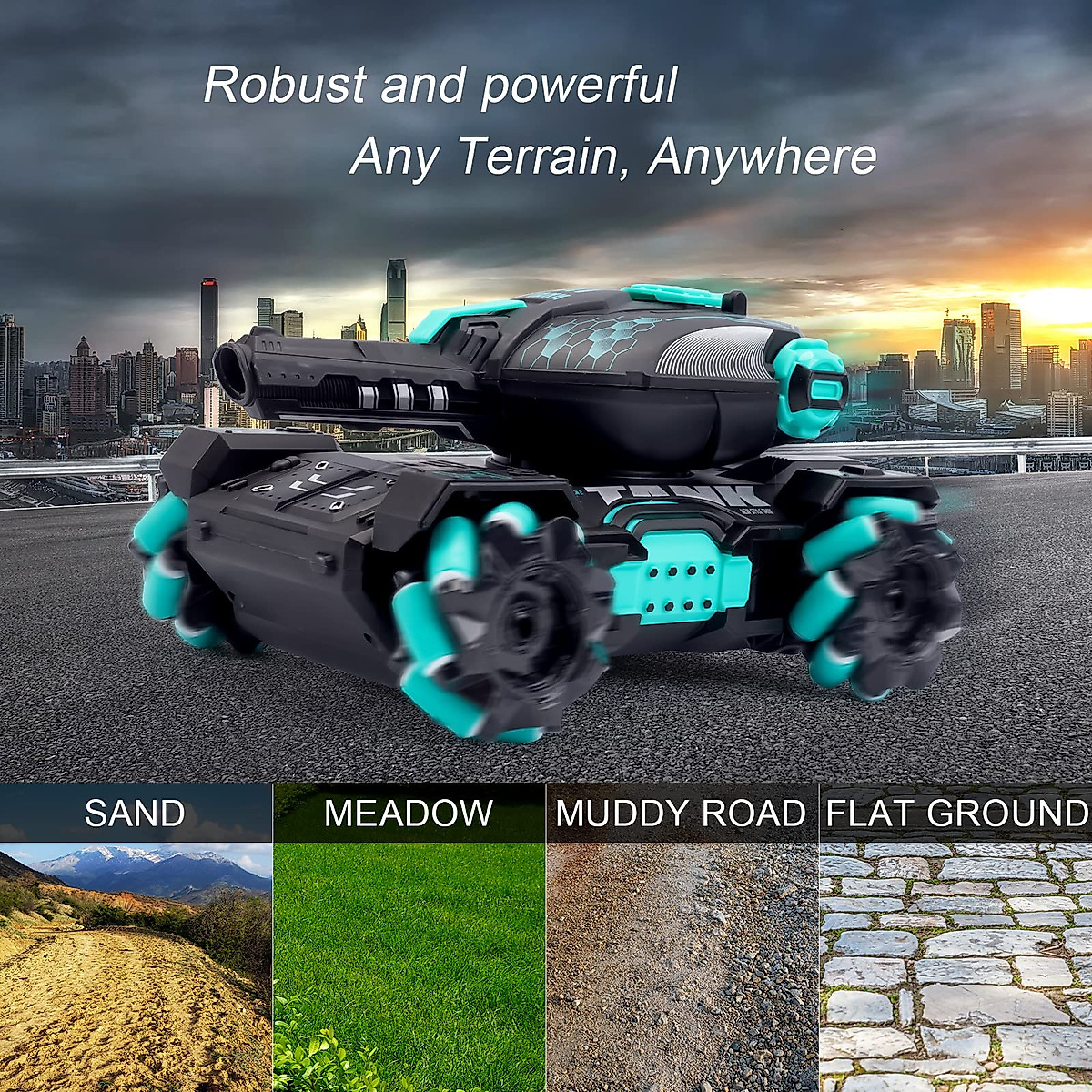 Bindove RC Stunt Tank with Light, Watch Gesture Sensor RC Tank Toy, 360 Rotation Remote Control Stunt Car Shooting Water Bullets, Gifts for Children (Black and Cyan)