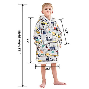 Wearable Blanket Hoodie for Kids, Super Warm and Soft Sherpa Flannel Sweatshirt Blanket with Giant Pocket, Hooded Blanket for 2-6 Year Old Boys Gifts, Construction Truck