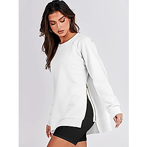 ANRABESS Women's Oversized Sweatshirts Long Sleeve Tunic Tops Crew Neck Soft Pullover With Side Zipper Shirt Trendy Clothes 2023 A1073-baise-M White