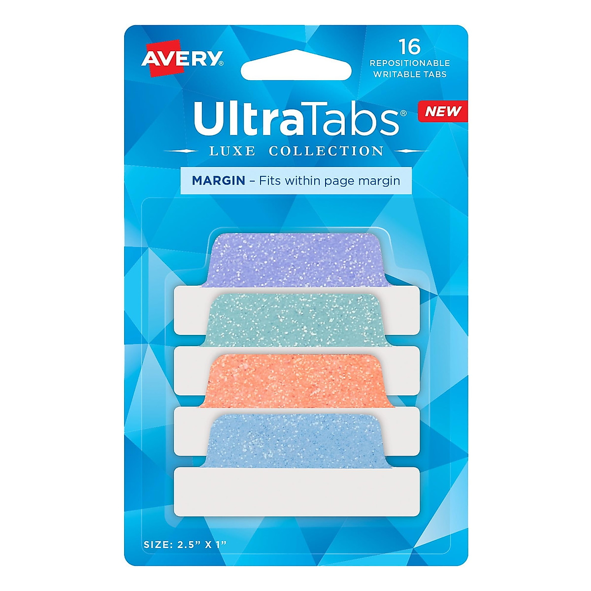 Avery Margin Ultra Tabs, 2.5" x 1", Pastel Sparkle Shimmer Designs, 16 Repositionable Page Tabs (74150)