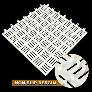 12x12 Inch Interlocking Soft PVC Flooring Tile, 12 Pack Non-Slip Splicing Modular Tile Shower Mat with Holes, Modular Interlocking Cushion for Locker Room Kitchen Basement Stairs, White
