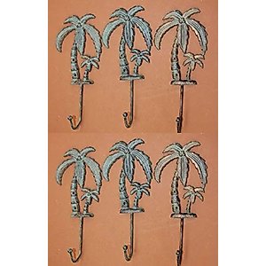 Cast Iron Bath Decor Tropical Palm Tree Bath Towel Hook Cast Iron Bronze-Look, 9 1/2", Set of 6