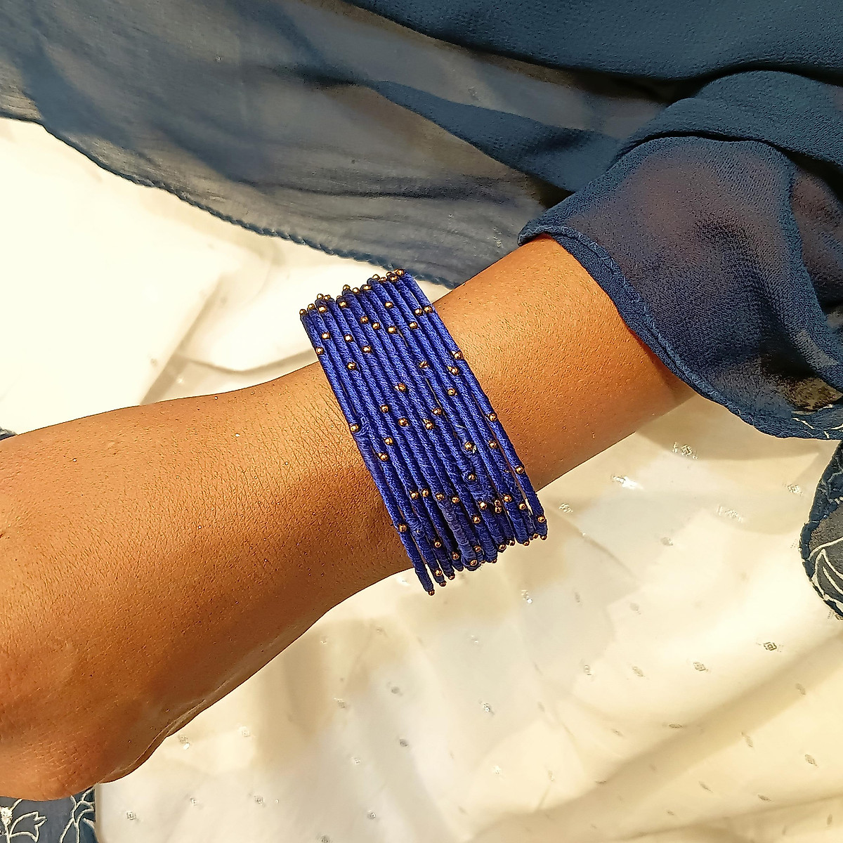 Efulgenz Fashion Jewelry Indian Bollywood Gold Plated Beaded Blue Silk Thread Wedding Bridal Bracelet Bangle Set (12 Pcs)