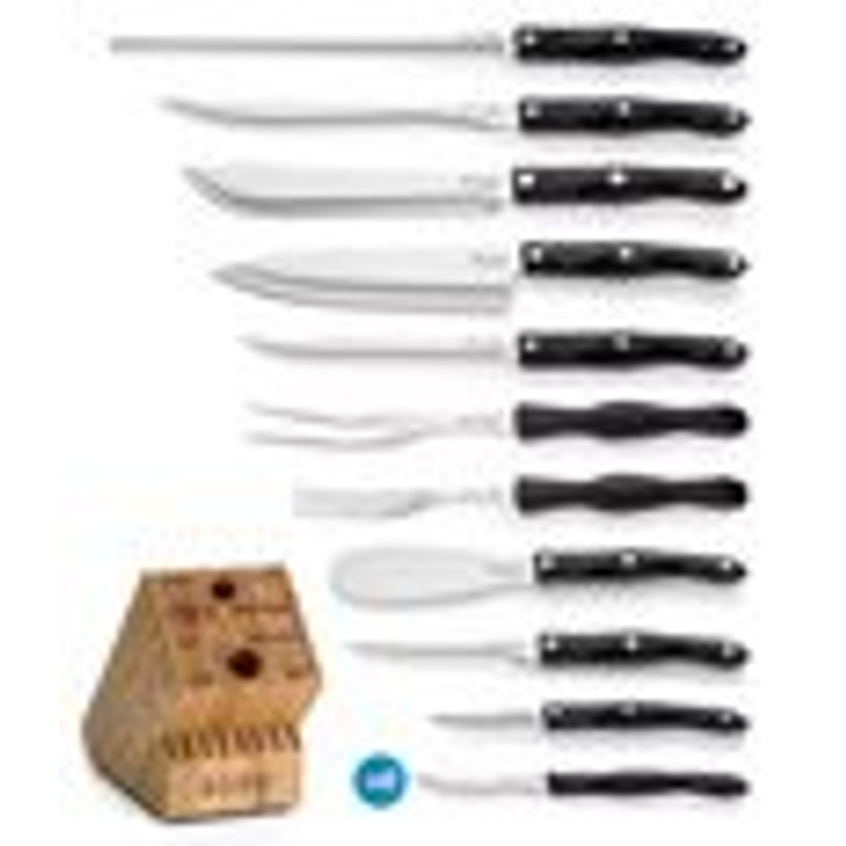 CUTCO Model 2018 Homemaker+8 Set Includes (8) #1759 Table Knives, (10) Kitchen Knives & Forks, 1748 Honey Oak knife block, 82 Sharpener, and #125 Medium Poly Prep cutting board