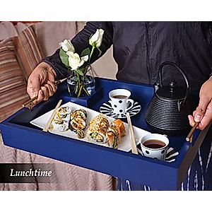 Deluxe Ottoman Tray- Wooden Serving Tray with Handles and Incorporated Cup Holder- Mid Century Modern Décor- Dark Navy Blue Tray 18"x14"x.3