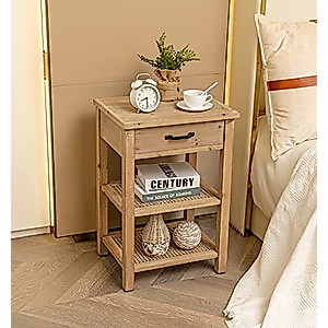 Brown Natural Solid Wood End Table with Drawer, Industrial Nightstand Sofa Side Table with 2 Tier Rattan Shelf, Fit for Bedroom, Living Room