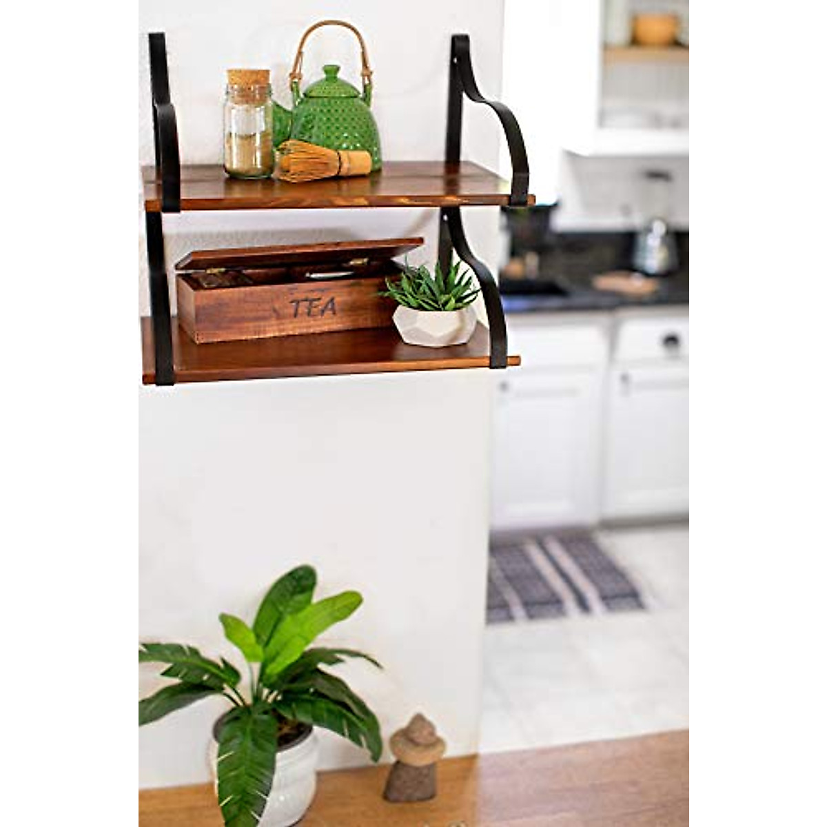 Floating Wall Shelves with Brackets, Solid Wood, Rustic Wall Mounted Large Shelving Storage, for Kitchens, Bathrooms, Bedrooms, Living Rooms, Farmhouse Wall Décor, 17" x 11", Set of 2