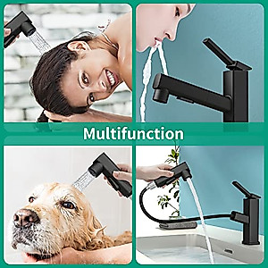 HEROBAI Single Hole Bathroom Faucet, Single Handle Modern Pull Out Bathroom Sink Faucet with 3 Water Flow Modes, Fountain Bathroom Faucets with Sprayer (Black, Regular)