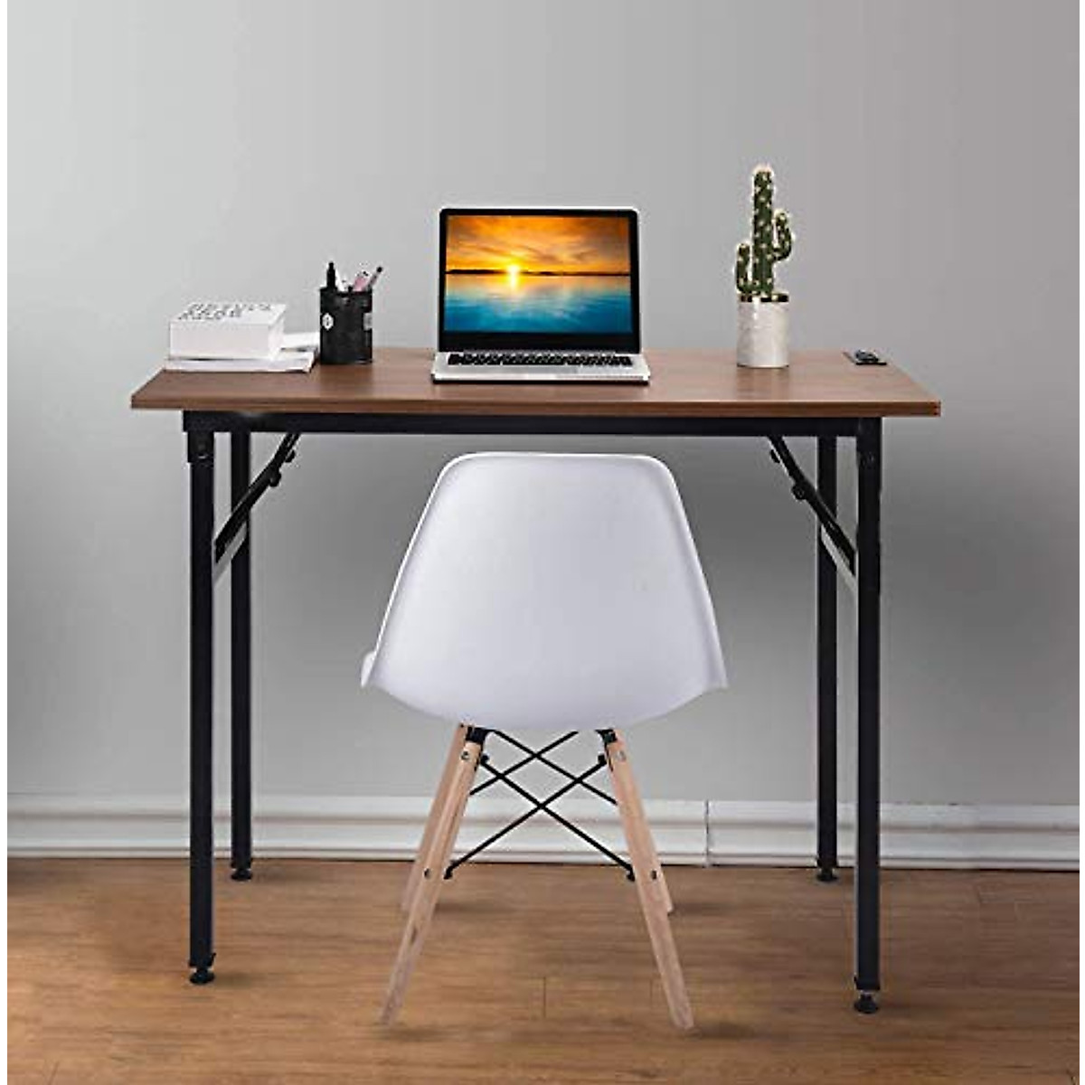 Frylr Small Folding Writing Desk with USB Ports & Power Plugs 31.5x15.7x29 Inch Small Office Computer Desks Portable for Home Office, Foldable Student Study Tables for Small Space, Walnut