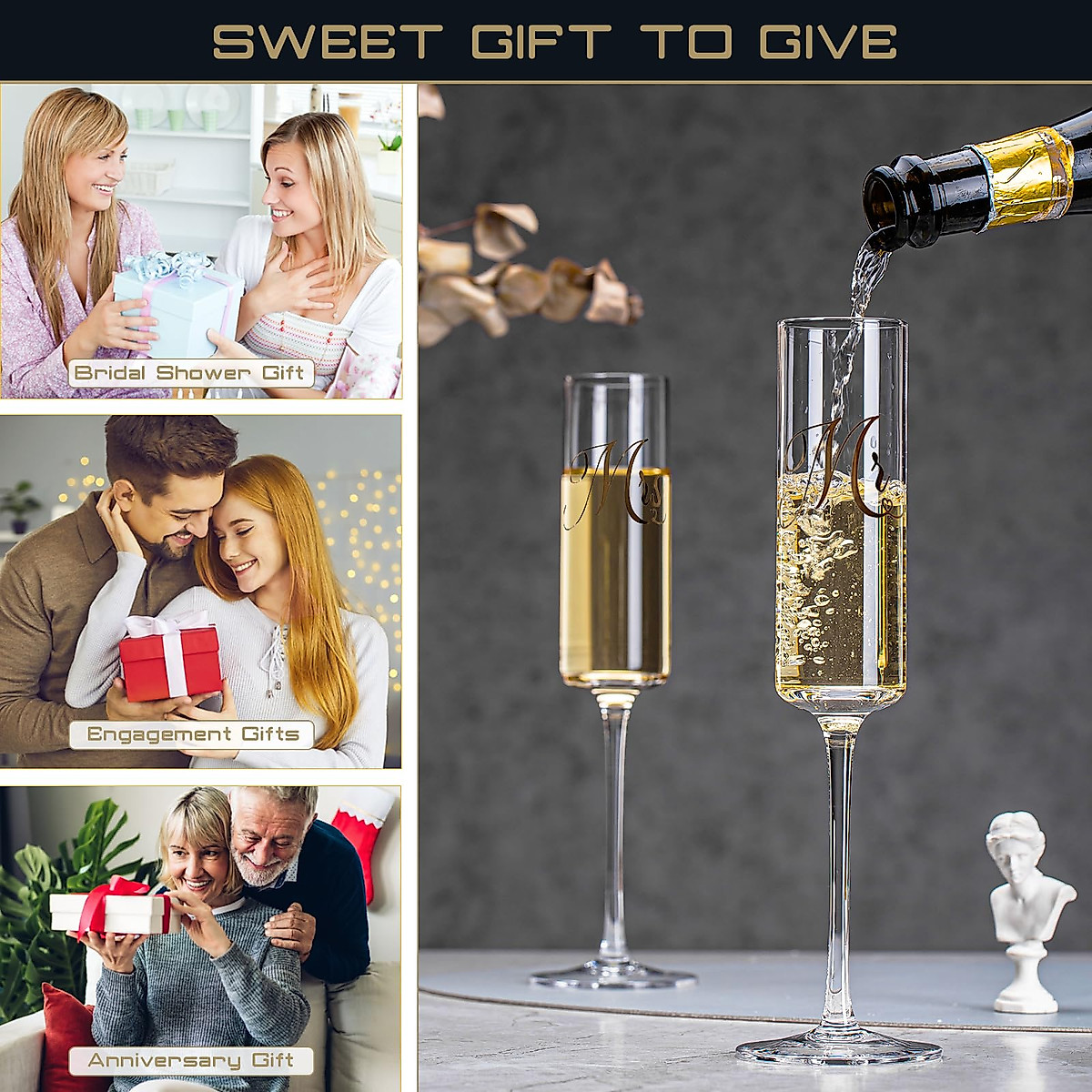Yeegook Wedding Gifts for Bride and Groom, Mr and Mrs Champagne Flutes, Bridal Shower Gifts, Engagement Gift, Wedding Toasting Glasses with Cake Cutting Set for Wedding Anniversary Engagement