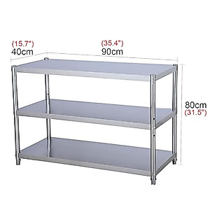 Stainless Steel Preparation Table Three-Tier Kitchen Workbench Metal Table Back Reinforced Beams High Load-Bearing Open Storage Shelves Large Storage(90x40x80cm)