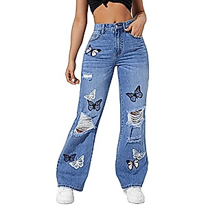 SweatyRocks Women's Ripped Straight Leg Jeans High Waist Distressed Cutout Denim Pants Blue Butterfly S