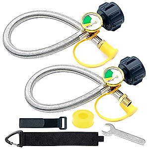 NQN 2 Packs RV Propane Hoses with Gauge, 18 Inch Stainless Steel Braided Camper Tank Hose,Rv lp Gas Hoses Connector for Standard Two-Stage Regulator, 40Lb 250PSI, 1/4" NPT /QCC1 Fittings