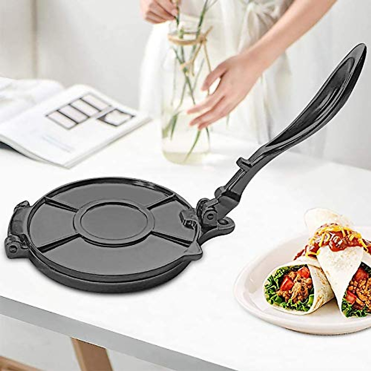 BONROB Cast Iron 7.5 Inch, Tortilla Maker, Press, Pataconera Seasoned for Corn, Flour or Gluten-Free Doughs, Black USA