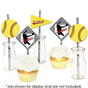 Big Dot of Happiness Grand Slam - Fastpitch Softball - Paper Straw Decor - Birthday Party or Baby Shower Striped Decorative Straws - Set of 24