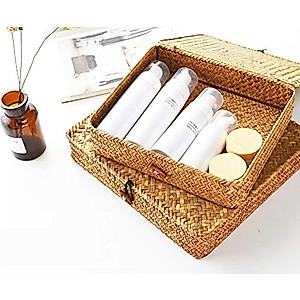 Seagrass Storage Basket Box with Lid Rectangular Woven Shelf Baskets Bins for Organize Snack Toys Set of 2 Natural Decorative(Large+Small)