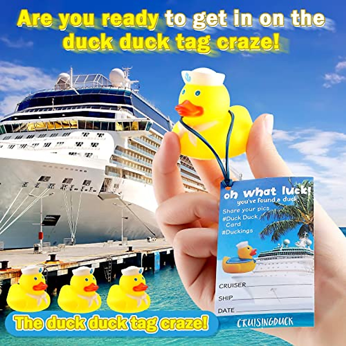 Duck Tag Cruise Kits Includes Rubber Sailing Ducks for Cruise Ships, Duck Tag Cruise Ducking Game Carnival Rubber Duck Duck Tag Card and Rubber Bands for Hiding Carnival (60)
