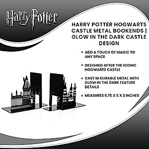 Harry Potter Hogwarts Castle Metal Bookends | Die Cut Metal Bookends with Hogwarts Castle Silhouette Glow in The Dark Design | Ideal for Harry Potter Book Collections & More