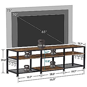 VECELO TV Stand for Televisions up to 75 Inch, Industrial Entertainment Center with 3-Tier Open Storage Shelves& Hooks for Living, Bedroom and Gaming Room, 70 Inch, Brown
