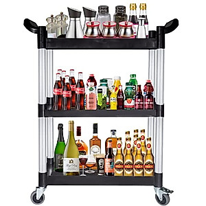 PELOEMNS Plastic Utility Carts with Wheels, Heavy Duty 480lbs Capacity Rolling Service Cart, 3-Tier Restaurant Food Cart with Hammer for Office, Warehouse, Garage (Lockable Wheels, Black)