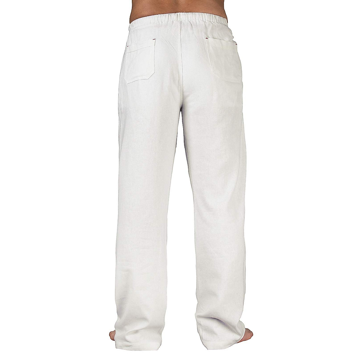 ThCreasa Mens Casual Elastic Waist Drawstring Pants Cotton Linen Baggy Lounge Pants Beach Trousers with Pockets White L