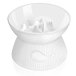 Kopmath Raised Cat Slow Feeder, Ceramic Slow Feeder Cat Bowl, Upgraded Ridges to Prevent Vomiting and Indigestion, No Spill High Edge for Dry/Wet Food, Heavy and Stable, Easy to Clean Pet Bowls