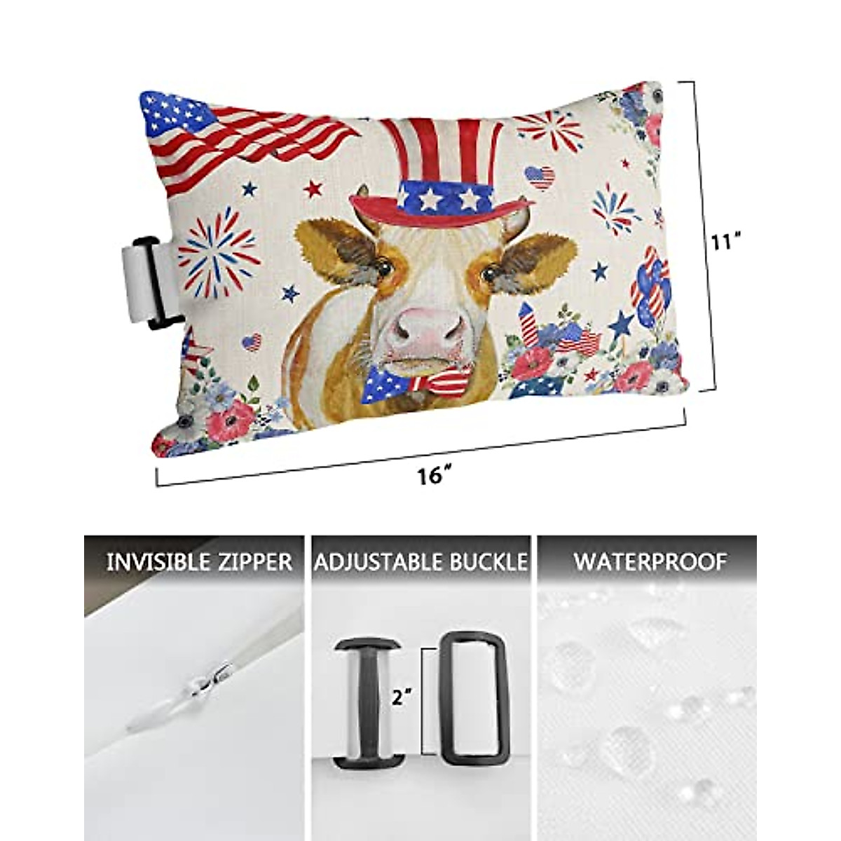 Recliner Head Pillow Ledge Loungers Chair Pillows with Insert Independence Day USA Flag Cow Poppies Linen Lumbar Pillow with Adjustable Strap Outdoor Waterproof Patio Pillows for Beach Pool, 2 PCS