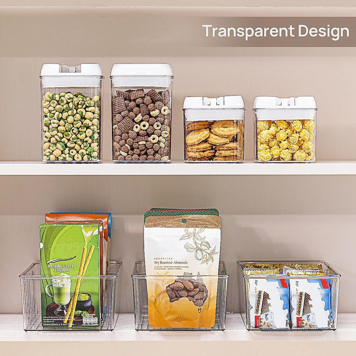 Vtopmart 4 Pack Food Storage Organizer Bins, Clear Plastic Storage Bins for Pantry, Kitchen, Fridge, Cabinet Organization and Storage, 4 Compartment Holder for Packets, Snacks, Pouches, Spice Packets