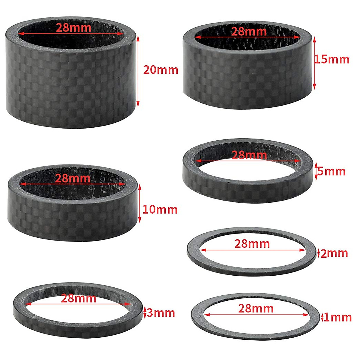 Fengek 15 Pcs Headset Spacer for Bicycle, 7 Sizes Carbon Fiber Road Bicycle Stem Headset Spacers Kit for 1-1/8 Inch Stem, 1mm 2mm 3mm 5mm 10mm 15mm 20mm